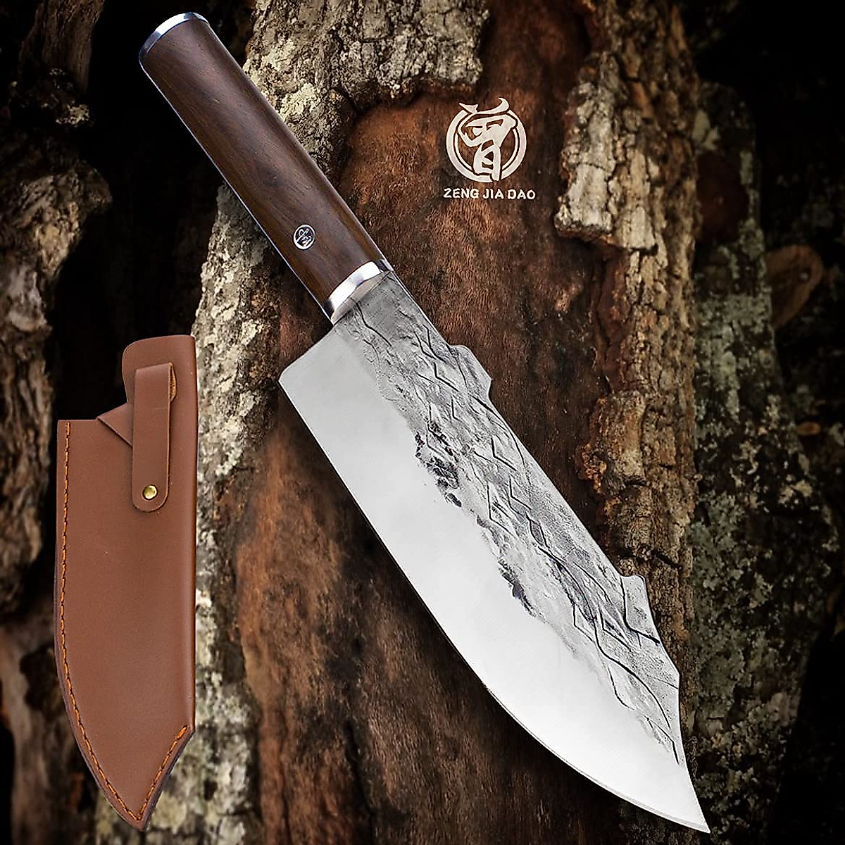 ZENG JIA DAO Heavy Duty Butcher Knife with Sheath High Carobon Steel Meat Cutting Cleaver for Slaughter - Outdoor Carry Hunting Knife