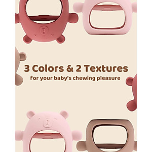 3 Packs Baby Teething Toy Silicone Bear Teething Mitten for Babies Over 3 Months Anti Dropping Wrist Hand Teethers Baby Chew Toys for Sucking Needs, BPA Free (Pink, Brown & Red) (Pink, Coral, Caramel)