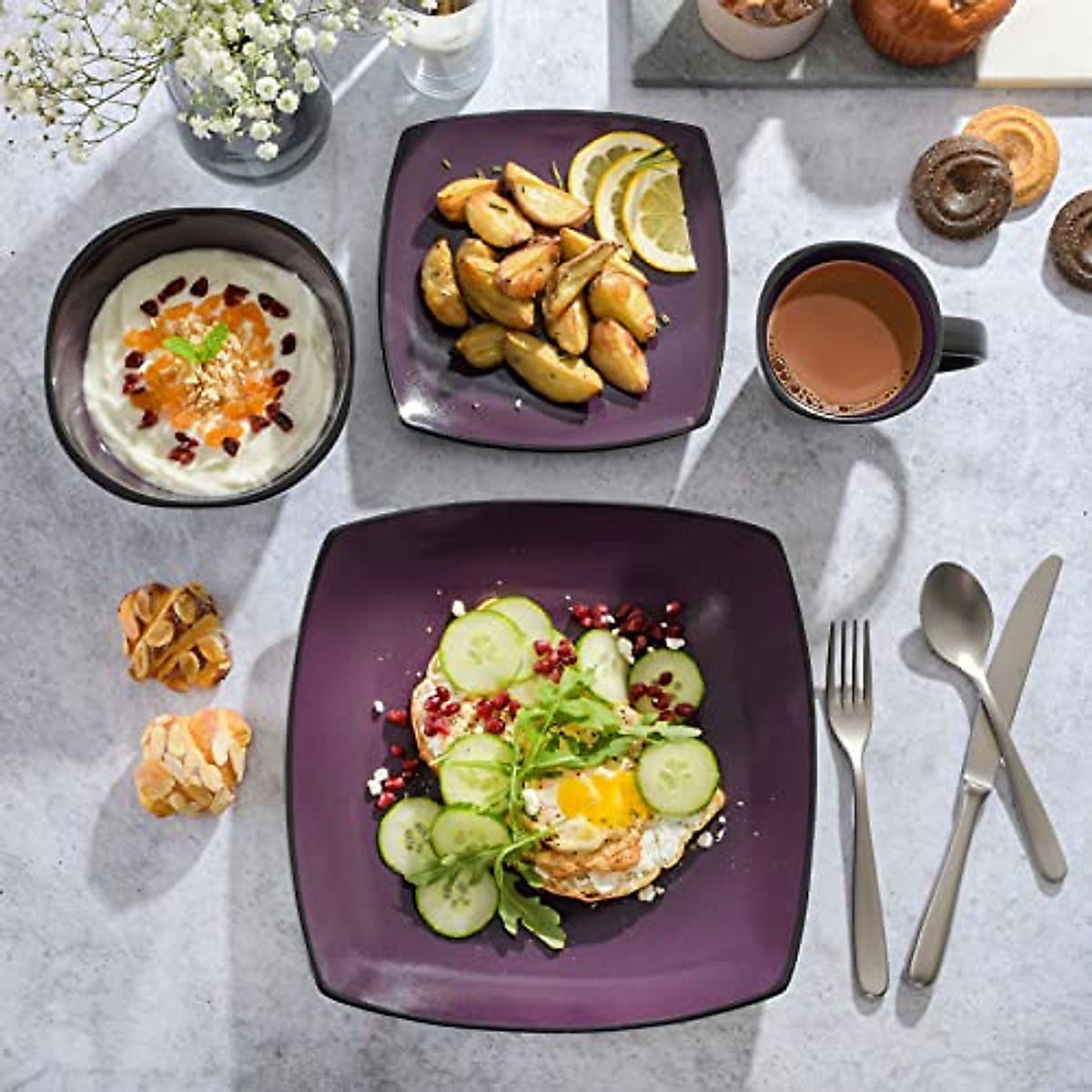 Gibson Soho Lounge Dinnerware set, Square, Purple, Service for 4 (16pcs)