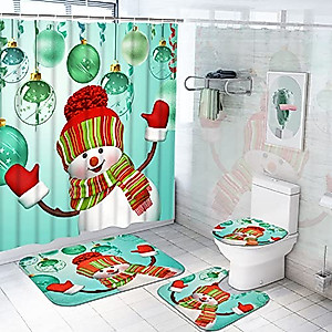 Likiyol 4 Pcs Merry Christmas Shower Curtain Sets with Non-Slip Rugs, Toilet Lid Cover and Bath Mat, Cartoon Snowman Shower Curtain with 12 Hooks, Green Balloon Ribbon Bathroom Curtain, Waterproof