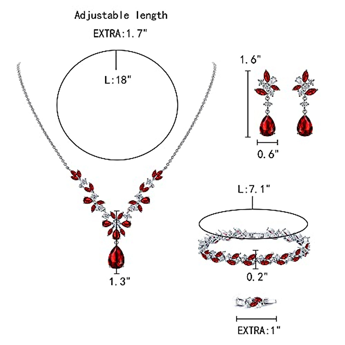 EleQueen Women's Wedding Bridal Jewelry Set for Brides Bridesmaids, Sparkle Cubic Zirconia Teardrop Necklace Dangle Earrings Bracelet Sets for Party Prom Ruby Color