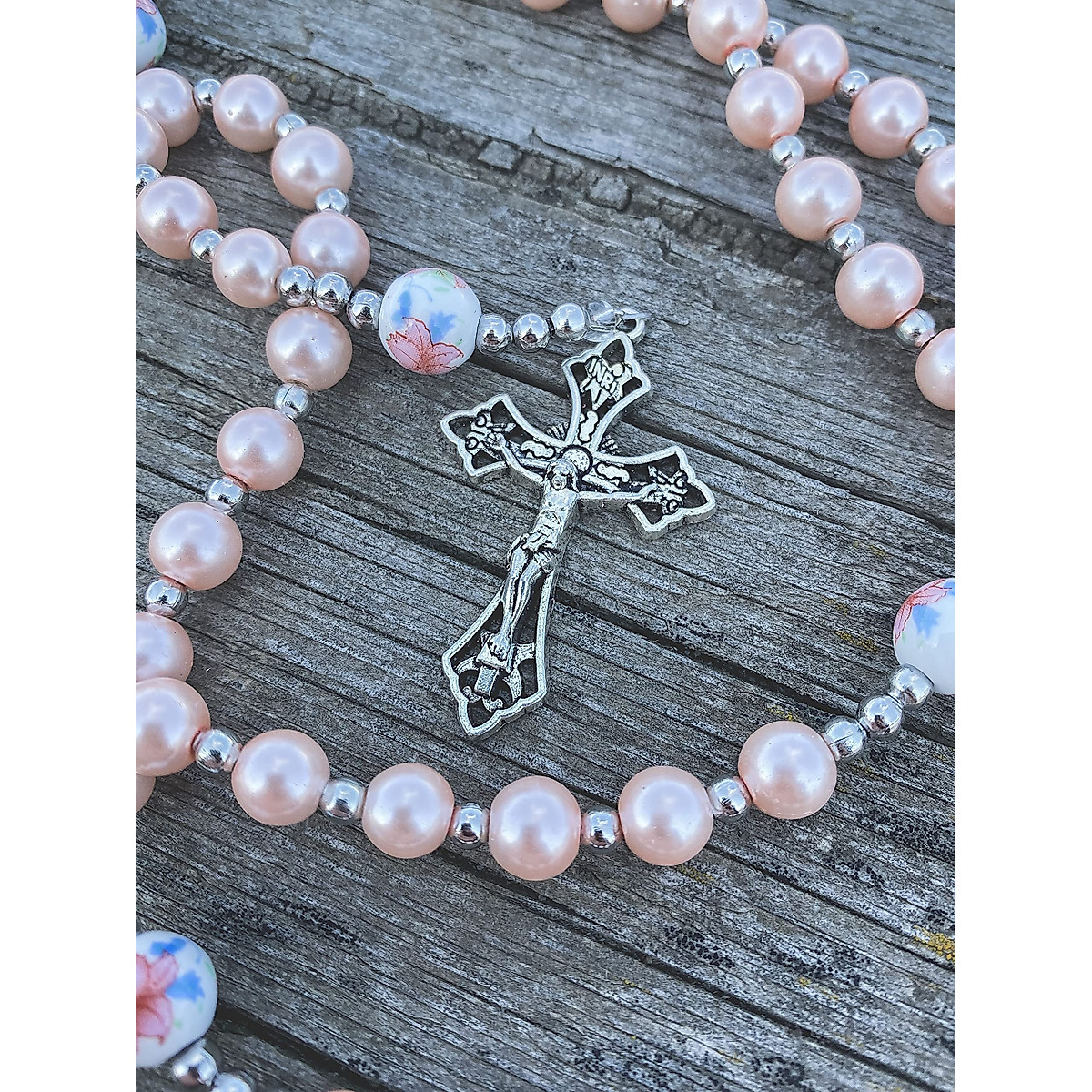 Nazareth Store Flowers Beads Rosary Necklace Crystallized Glass Pearl Beaded Rosary Miraculous Medal and Crucifix (Pink)