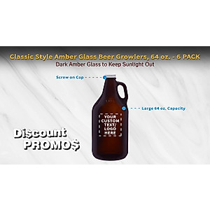DISCOUNT PROMOS 6 Amber Glass Beer Growlers Set, 64 oz. - Customizable Text, Logo - Screw on Lid, Sturdy, Barware - Amber