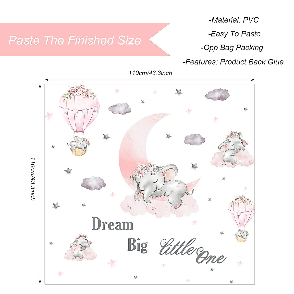 Large Pink Baby Elephant Wall Decal, MYKASEN Cute Five Elephant Dream Big Little One Wall Stickers Pink Moon Grey Stars Cloud, Removable Nursery Wall Decor for Baby Kids Boy Girl Bedroom Cradle