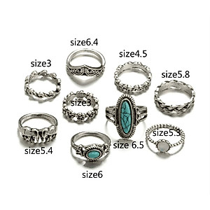Cathercing 9 Pcs Turquoise Ring Set for Women Knuckle Vintage Rings Pack for Women Bohemian Rings Silver Joint Knot Rings Set Halloween Party Daily Gift (style 3)