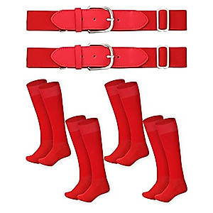 Newcotte 4 Pairs Baseball Sock and 2 Pcs Belt Combo Set Adjustable Softball Sock for Youth Boys Girls Kids Adult, Red (Medium)