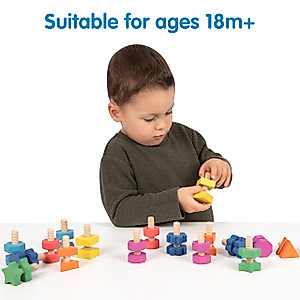 TickiT Rainbow Wooden Nuts & Bolts - Set of 21 - 7 Shapes and Colors - For Ages 18m+ - Loose Parts Wooden Toys for Toddlers and Preschoolers