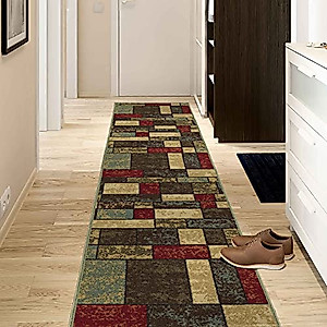 Machine Washable Boxes Design Non-Slip Rubberback 3x10 Traditional Runner Rug for Hallway, Kitchen, Bedroom, Living Room, 2'7" x 9'10", Multicolor