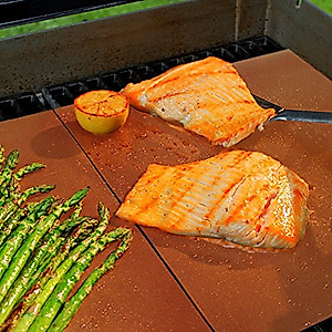 Premium Large Copper Grill and Bake Mats Set of 4 with Oil Brush - 15.75 X 13 inches - Non Stick BBQ Grill Mats for Grilling & Baking on Gas, Charcoal, and BBQ Grills - Easy to Clean and Reusable