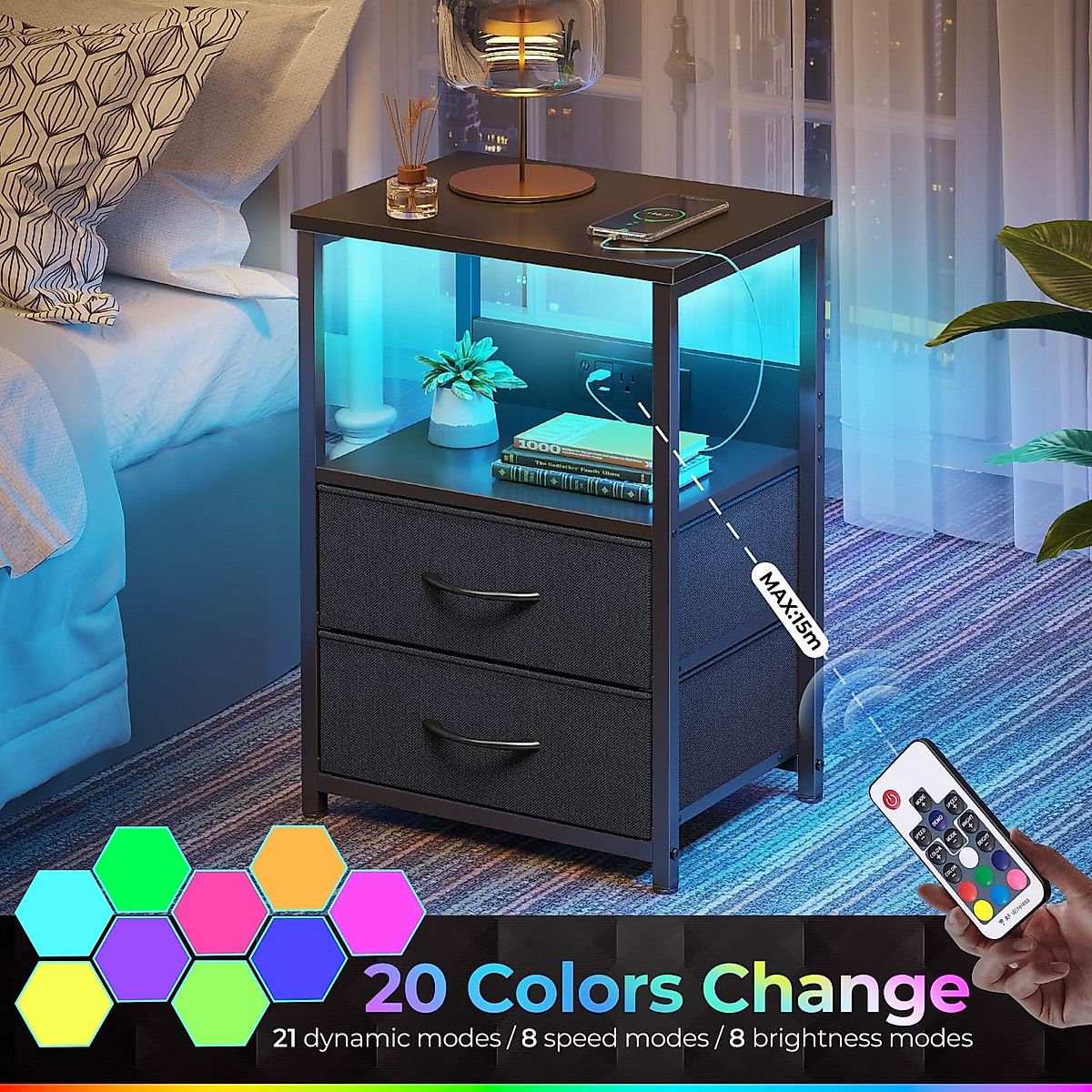 Seventable Nightstand with Charging Station, Bedside Table with LED Lights, Night Stand with 2 Fabric Drawers, 3-Tier Storage End Table for Bedroom, Black