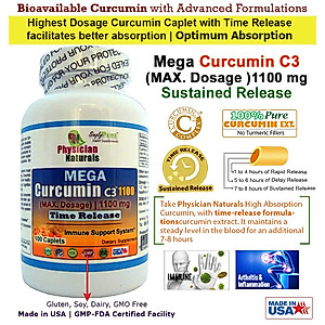 Physician Naturals Mega Curcumin C3 Time Release 1100 mg 100 Caplets Highest Dosage Ultra Pure Curcumin Turmeric Ext