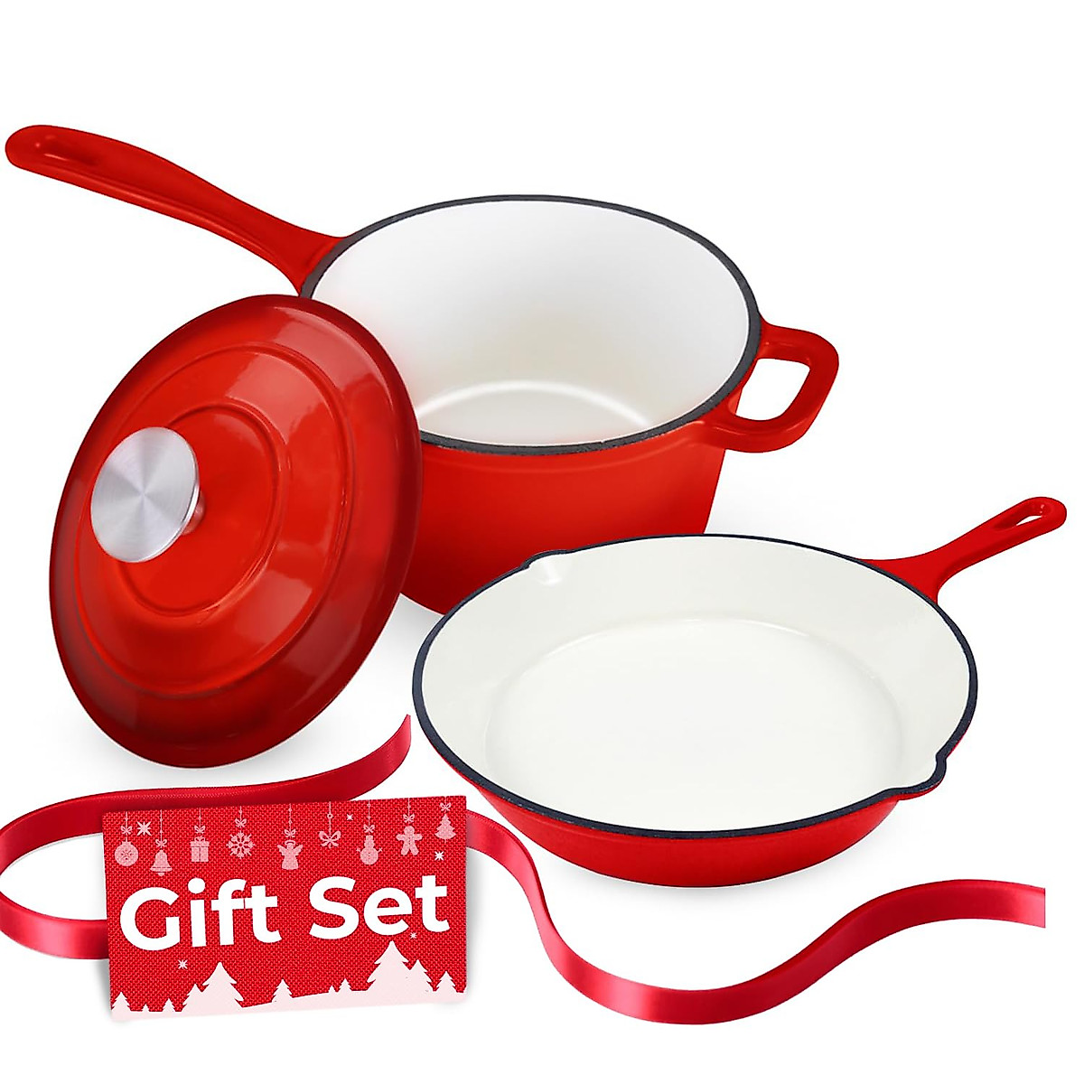 Healthy Choices 8" Small Enameled Cast Iron Skillet & 1 Qt Enameled Cast Iron Saucepan with Lid, Red Enameled Set, Heavy Duty, Indoor and Outdoor Use, Dishwasher Safe, Bake, All Cooktops upto 500°F