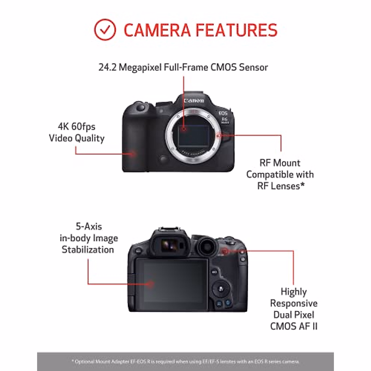 Canon EOS R6 Mark II - Full Frame Mirrorless Camera (Body Only) - Still & Video - 24.2MP, CMOS, Continuous Shooting - DIGIC X Image Processing - 6K Video Oversampling - Advanced Subject Detection