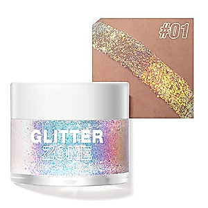 Holographic Body Glitter Gel, Ultra Fine Glitter Gel for Face, Hair, Body, Nail, Eyeshadow, Long Lasting Waterproof Laser Glitter Gel Festival Party Rave Accessories for Women, 1.35 oz (#1 White)