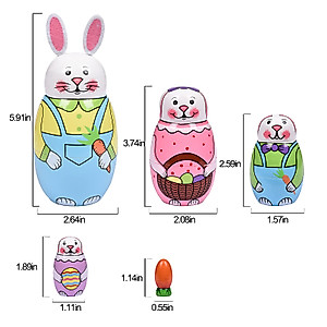 HYSIGUAN Easter Bunny, Handmade Easter Wooden Toys for Toddlers, 5 Pcs Russian Nesting Dolls, Special Easter Eggs Decoration for Home, Gifts, Table, Bedroom, Kitchen (Rabbit)