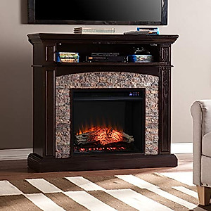 SEI Furniture Grantham Faux Stone Corner Electric Fireplace with Hidden Media Shelf, New Ebony