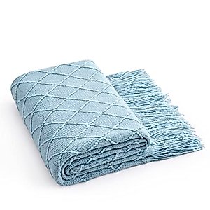 Counfeisly Acrylic Knitted Throw Blanket, Lightweight and Soft Cozy Decorative Woven Blanket with Tassels for Couch, Bed, Sofa, Travel, Suitable for All Seasons, 50 x 60 Inches, Blue
