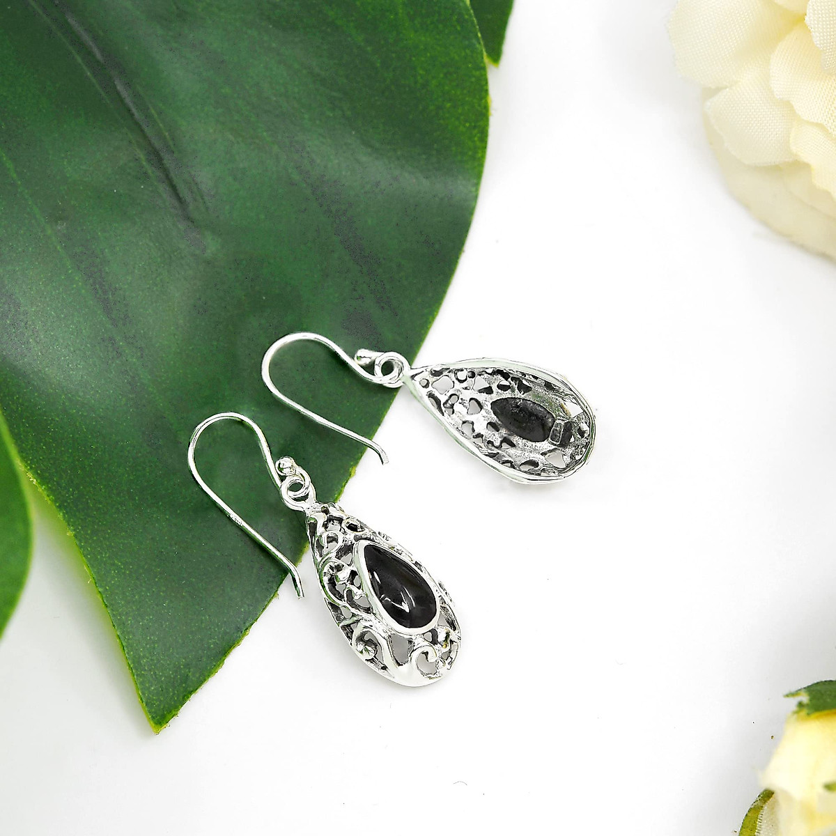 AeraVida Classic Vintage Simulated Black Onyx Filigree Teardrop .925 Silver Earrings, 0.43x1.46 inch | Vintage Earrings for Women | Elegant Black Earrings