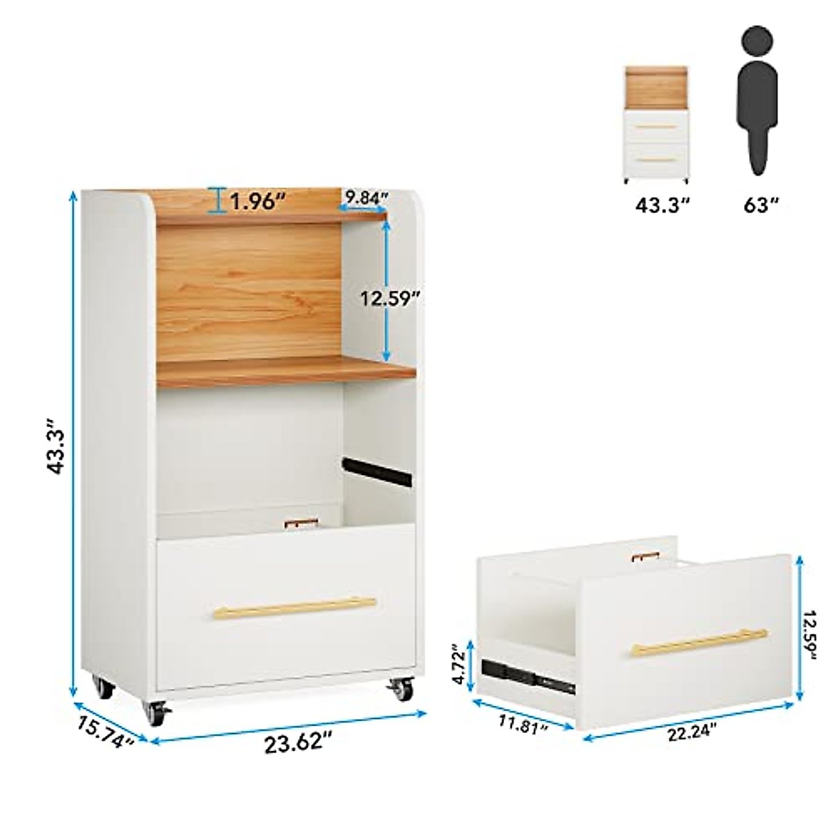 Tribesigns Lateral File Cabinet with 2 Drawers, Modern White Filing Cabinet Wood Rolling Filing Cabinets for Letter/Letter/A4 Size Files, Mobile Printer Stand with Open Shelves for Home Office (43"H)