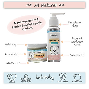 BALM! Baby Kids All Natural Fluoride Free Toothpaste with Xylitol, SLS Free, Vegan, Gluten Free, BPA Free, Zero Waste, Mint, 2 fl oz