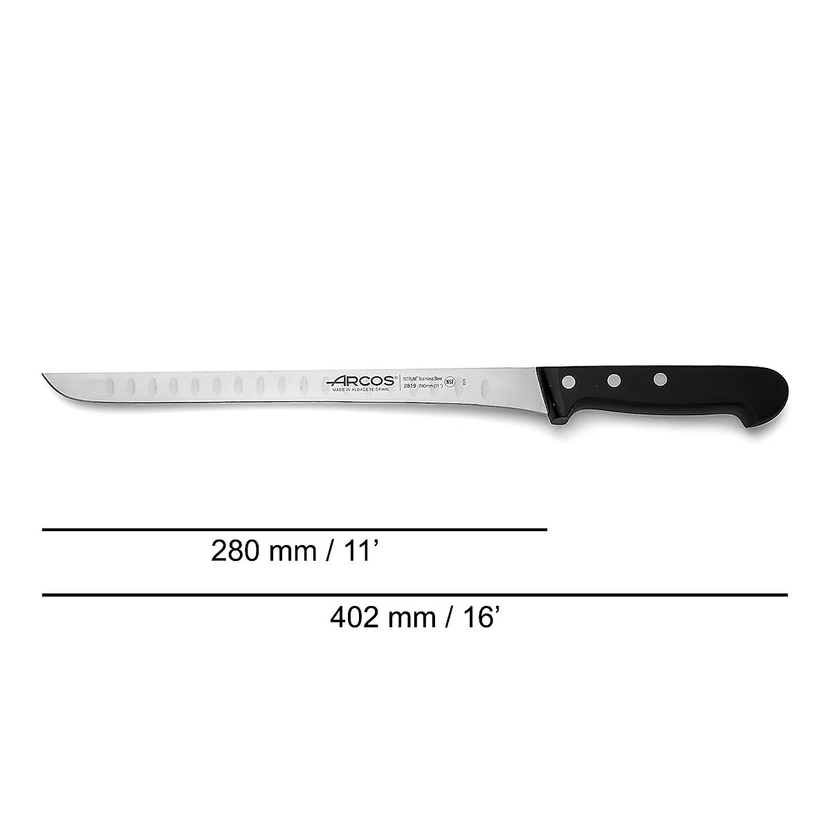 ARCOS Carving Knife 11 Inch Stainless Steel. Ham Slicer Knife to Cut Ham and Meat. Ergonomic Polyoxymethylene Handle and 280mm Blade. Series Universal. Color Black