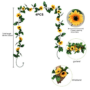 4Pcs 33FT Artificial Sunflower Green Leaves Vines, Hanging Sun Flower Garland Fake Foliage, Plant Leaves Yellow Flowers String Vine for Wedding Table Home Birthday Party Kitchen Garden Decor (B)