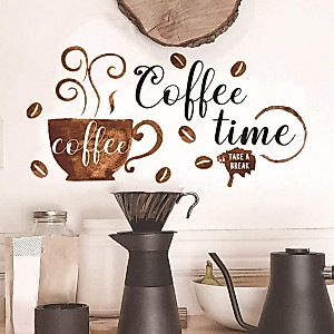 AWAKINK Coffee Tea Cup Wall Stickers Murals Coffee Beans Vinyl Wall Decals Coffee Time Quotes Wall Art DIY Peel and Stick Home Decor for Kitchen Cafe Shop Coffee Station Pub Restaurant Office