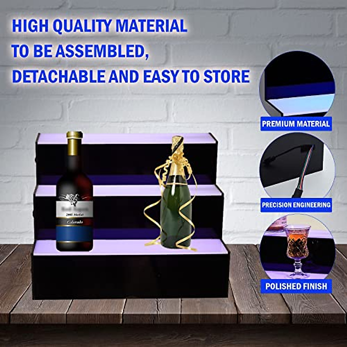 Ganggend 16 Inch 3-Step LED Lighted Liquor Bottle Display Shelf, LED Bar Shelves for Home/Commercial Bar Living Room Accessories and Decor Acrylic, Lighted Bottle Display with Remote & App Control