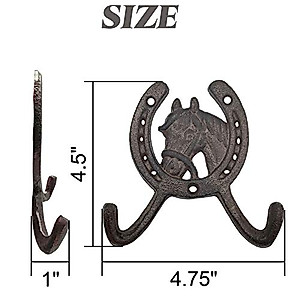 RONYOUNG 2PCS 4.5" Horse Head Horseshoe Western Double Cast Iron Wall Hooks Coat Hook Hat Horse Hook