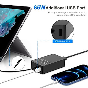 65W Surface Pro Charger for Microsoft Surface Pro 9 8 3 7 6 5 4 X Windows Surface Laptop Charger 5, 4, 3, 2, 1 Surface Go1, 2, Surface Book 3, 2, 1, with 5V 1A USB Charging Port, Support 44W, 36W, LED