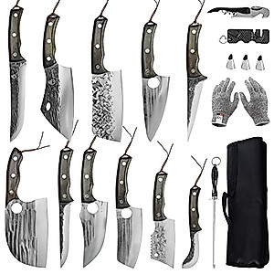 FULLHI 17pcs Butcher Chef Knife Set include sheath High Carbon Steel Cleaver Kitchen Knife Whole Tang Vegetable Cleaver Home BBQ Camping with Knife Bag