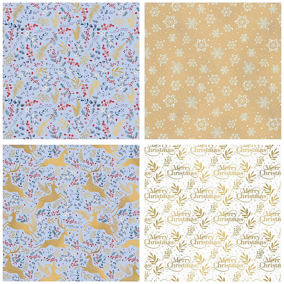 RUSPEPA Christmas Wrapping Paper - Reindeer, Snowflake, Flower and Text Design with Metallic Foil Shine - 4 Rolls - 30 Inches x 10 Feet Per Roll