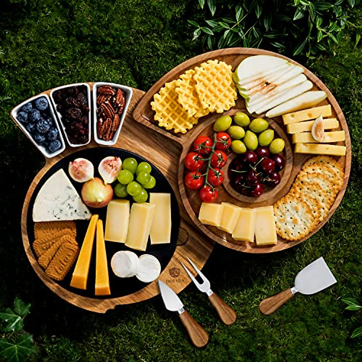 Dofira Nautilus Cheese Board and 4 Knife Set, Acacia Wood Large Round Charcuterie Board Kit with Slate Platter & Ceramic Bowls, Kitchen Gift Set for Housewarming, Bridal Shower, Wedding, Anniversary