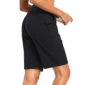 BALEAF Womens Exercise,Basketball,Fitness,Jogging,Walking,Running,Workout,Gym,Yoga Sweat Shorts Long Cotton Bermuda Summer Casual Drawstring Shorts with Pockets, Medium, Black