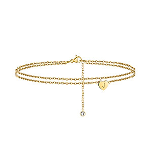 Ursteel Initial Ankle Bracelets for Women, 14K Gold Plated Ankle Bracelet with Initial J Dainty Layered Heart Gold Anklets for Women