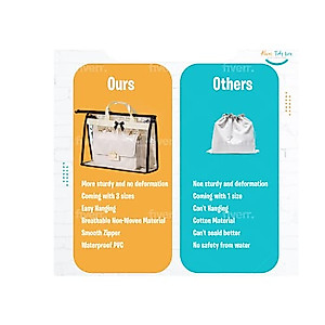 About tidy love Dust Bags For Handbags, Clear Purse Storage Organizer for Closet - Dust Free, Waterproof & Protective Purse Dust Bag with Zipper & Handles - 3x Transparent Purse Holder + 3 Hooks (1)