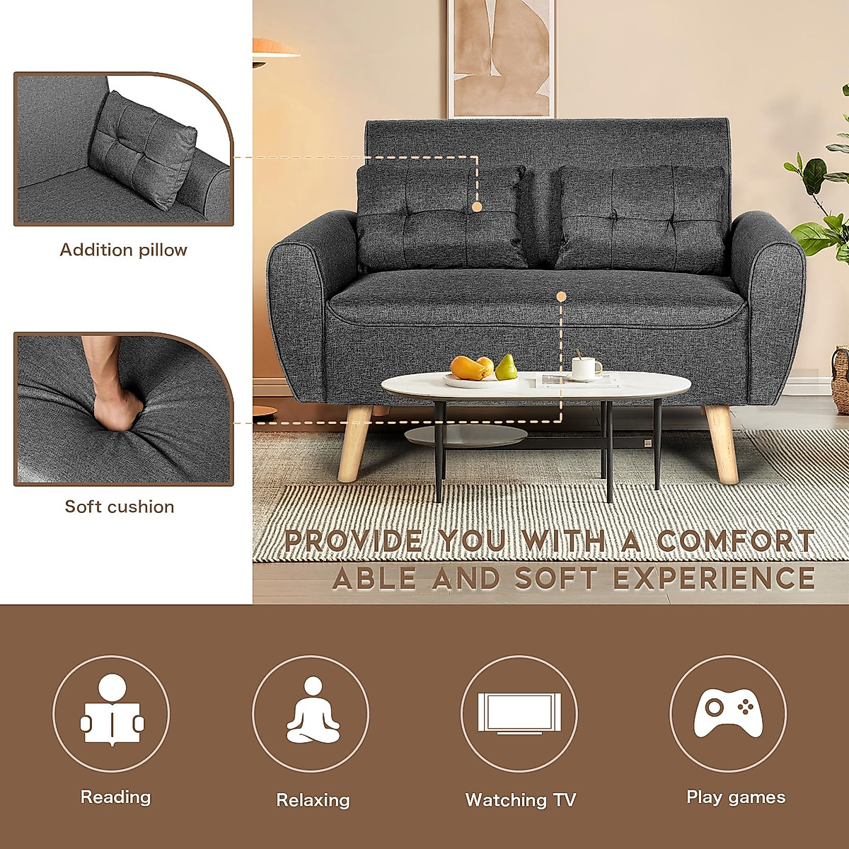 Oakmont 44" Small Modern Linen Fabric Loveseat Sofa, Comfortable and Stylish Love Seat with 2 Pillows and Thick Cushion, Durable Wood Leg Couch for Small Space, Living Room, Bedroom, Apartment (Grey)