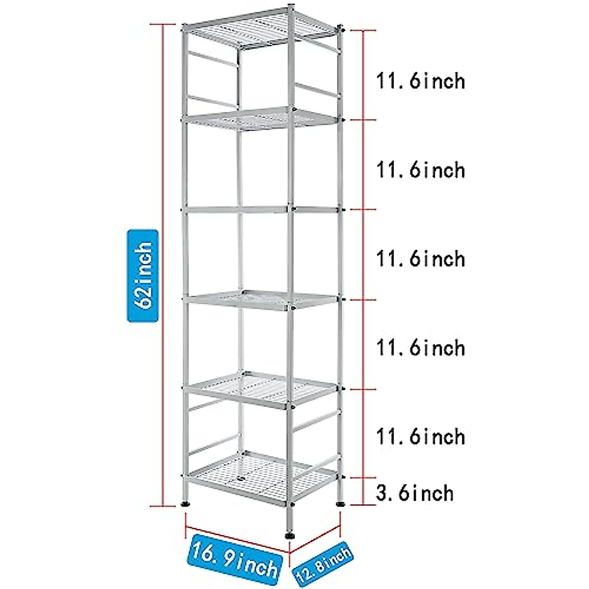 6-Wire Shelving Metal Storage Rack Shelves, Standing Storage Shelf Units for Laundry Bathroom Kitchen Pantry Closet(Silver,16.9L x 12.8W x 62H)