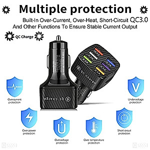Amiss Car Charger Adapter, 6 USB Multi Port, Fast Charger, Include QC 3.0 and 5 Other Ports, Car Interior Accessories, Fit for iPhone 13/12/11/pro, Samsung Galaxy/Note S10/S9/S8, Android - Black