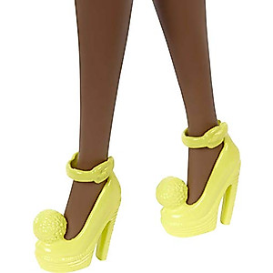 Barbie Fashionistas Doll #156 with Brunette Afro & Blue Lips Wearing Graphic Coat Dress & Yellow Shoes, Toy for Kids 3 to 8 Years Old