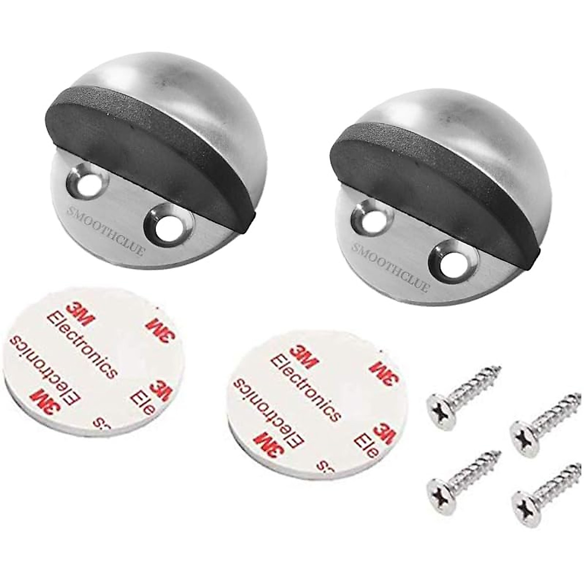 SMOOTHCLUE 2 Pack Door Stoppers, 3M Adhesive Door Holder Door Stop, Stainless Steel Door Stop for Home Hotel, Snowboard Hanger, No Need to Drill Floor Door Stop, Door Stopper Set with Rubber Bumper