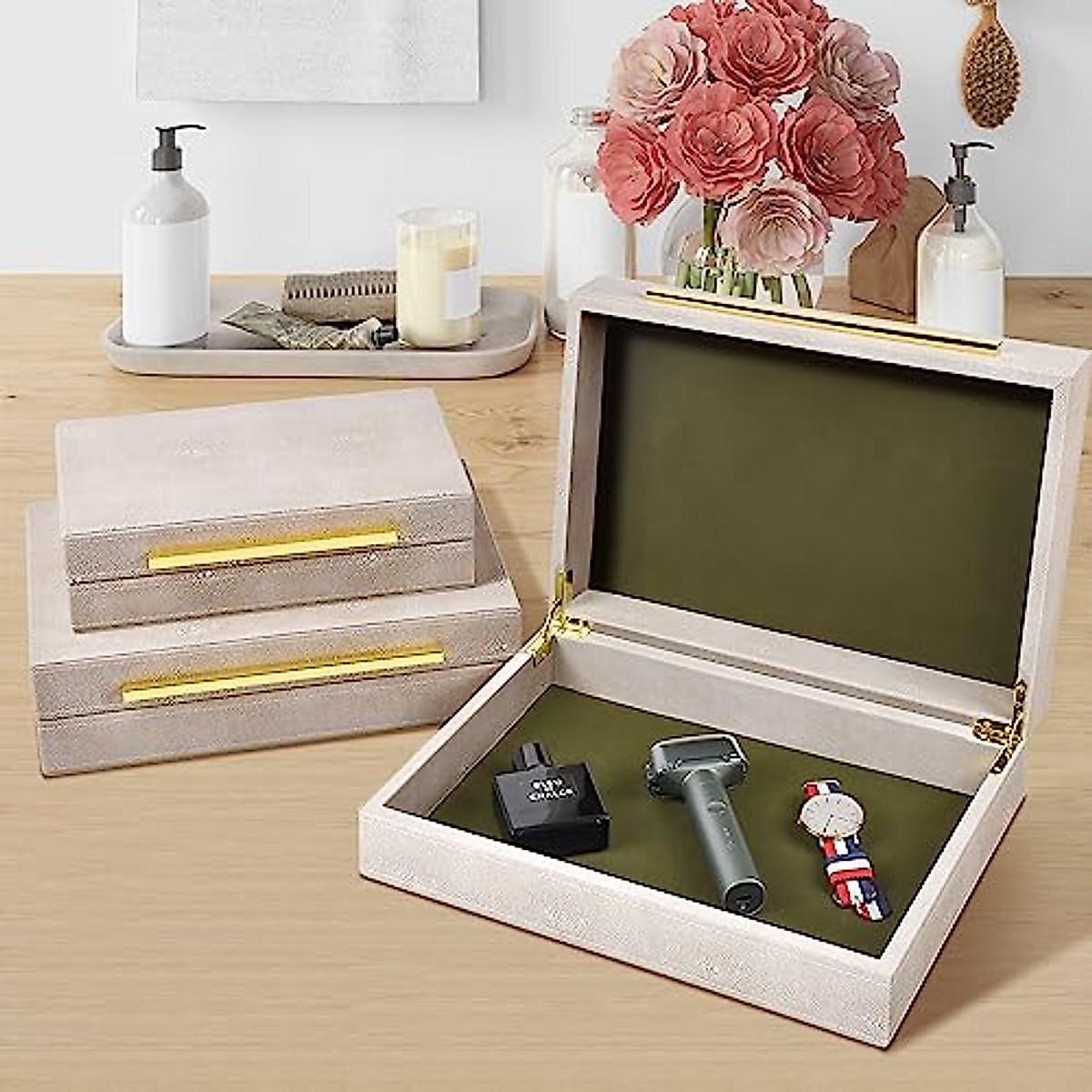 PETIARKIT Set of 3 Faux Leather Decorative Storage Boxes with Lids - Jewelry and Accessory Organizer for Women and Men, Countertop Home Decor (Beige)