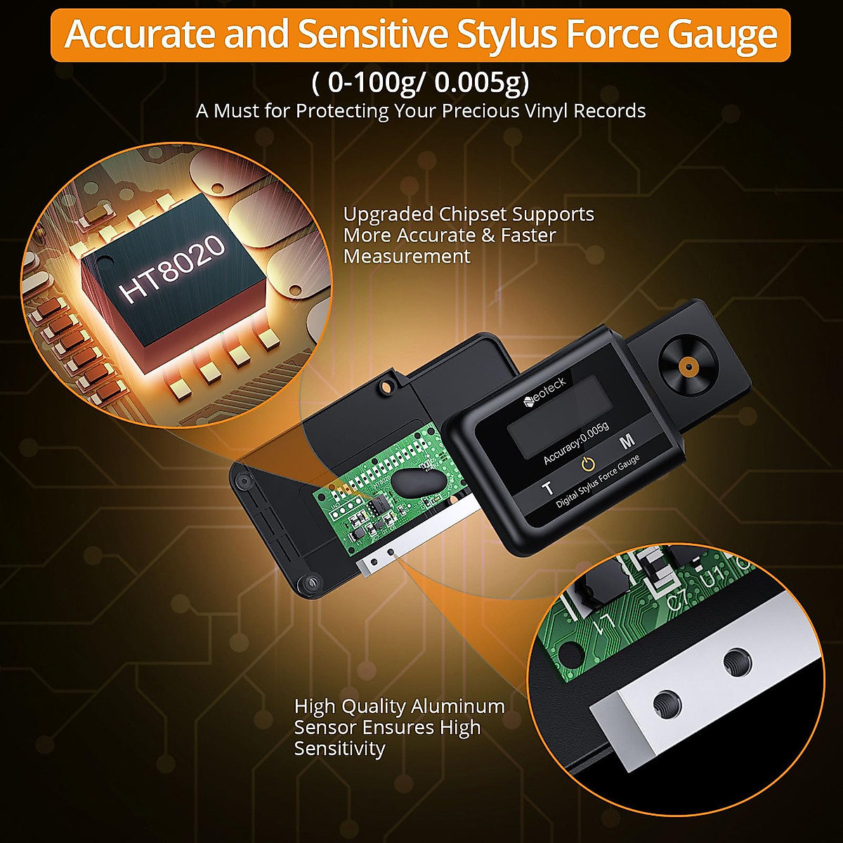 Neoteck 0.005g/100g Professional Turntable Stylus Force Gauge Scale with Touch Screen and Backlight LCD for Tonearm Phono Cartridge, Nonmagnetic and High Precision