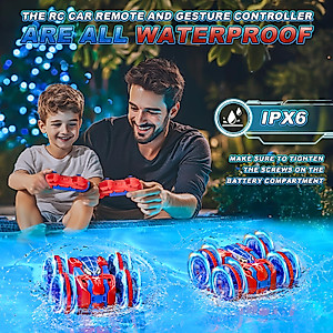 fygurso Waterproof Remote Control Car，4WD Amphibious 2.4 GHz RC Car Remote Control Boat，360°Rotation RC Stunt with LED Lights，Boys Girls Gifts All Terrain Water Beach Pool Toy