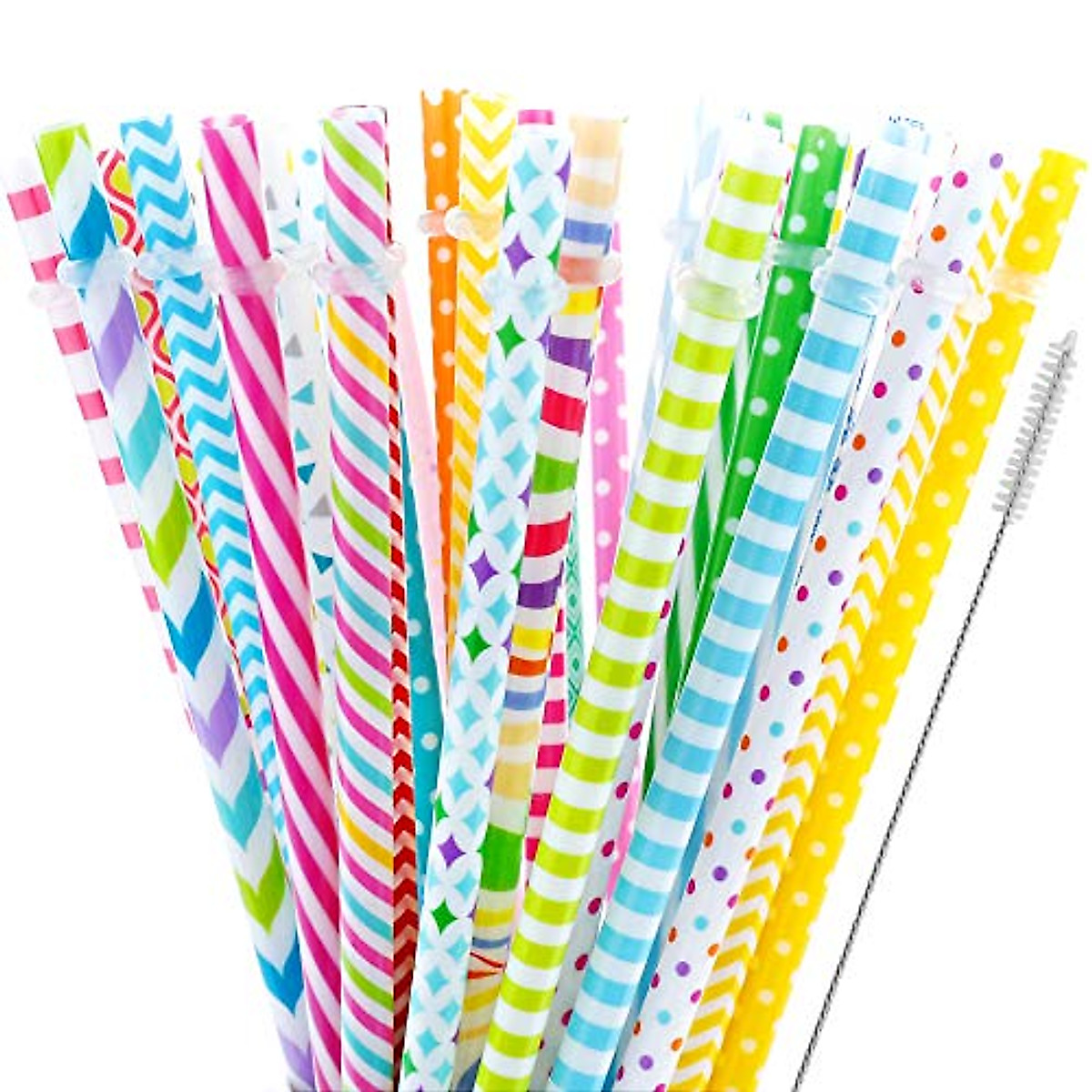 40 Pieces Reusable Straws BPA-Free 9" Colorful Printing Hard Platic Stripe Drinking Straw for Mason Jar Tumbler Family or Party Use Cleaning Brush Included Random Style (Casual Style)