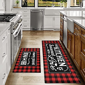 Ideasonna Red Buffalo Plaid Kitchen Rugs Sets of 2 Decor Non-Slip Washable Red Kitchen Mats for Floor 2 Piece