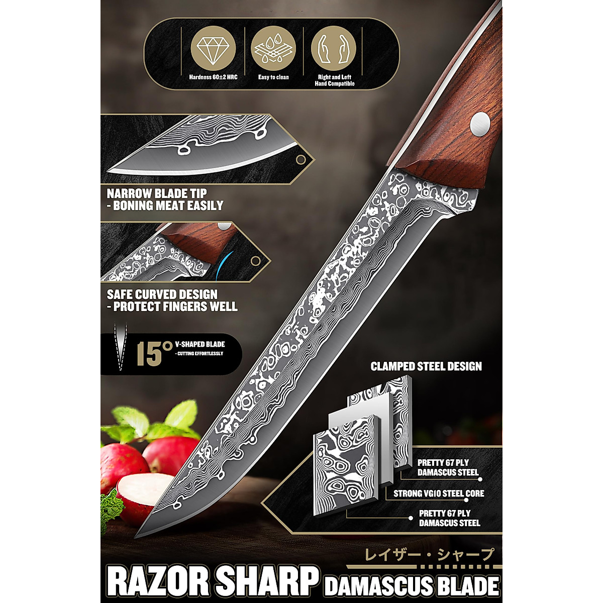 ROCOCO Damascus Boning Knife for Meat Cutting Deboning Brisket Slicing Trimming knife Fish Fillet Knife with Narrow Blade for Kitchen Camping BBQ Birthday Mothday's Day Gift 5.3"