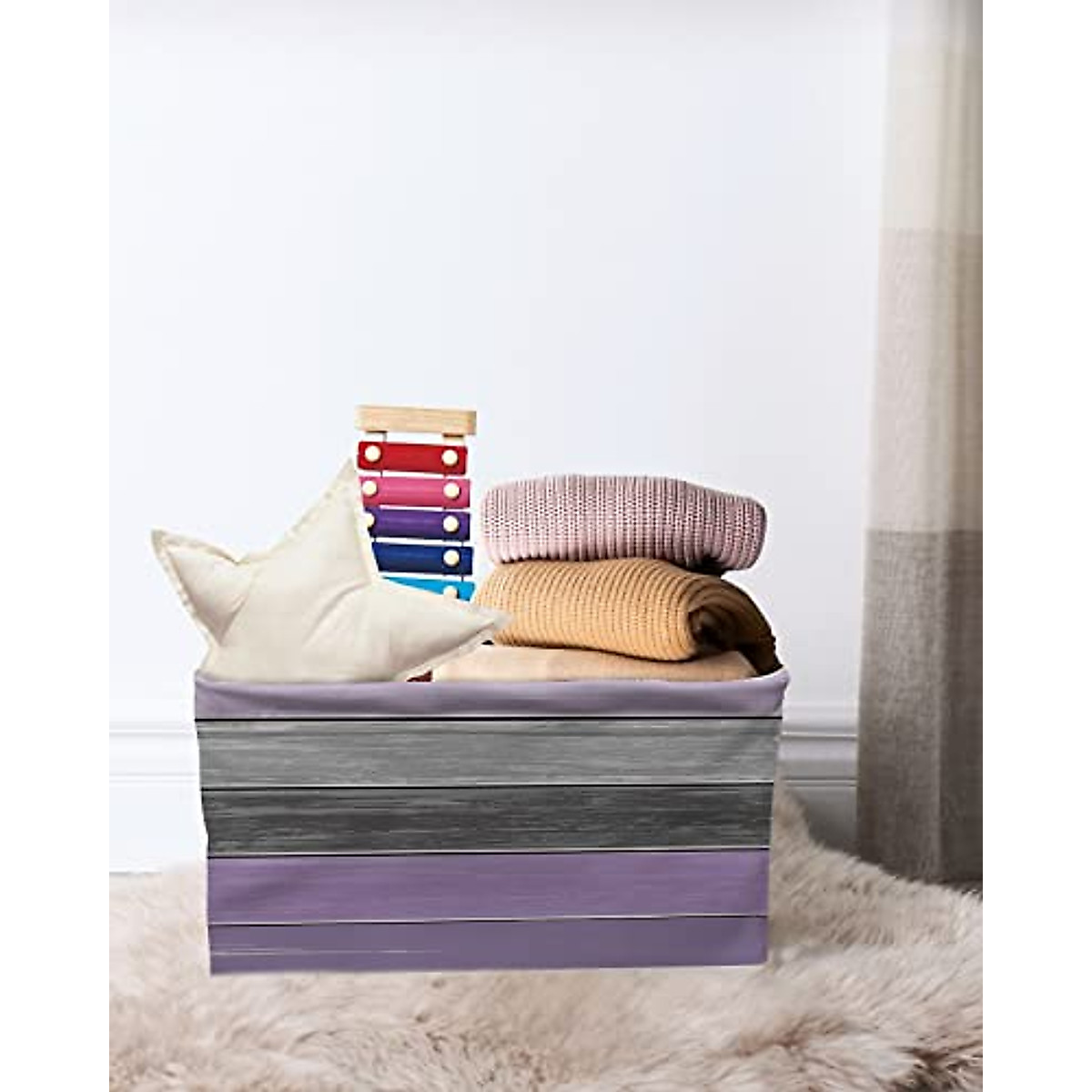 Large Capacity Storage Bins 1Pcs Stripe Wood Grain Purple and Grey Storage Cubes, Collapsible Storage Baskets for Organizing for Bedroom Living Room Shelves Home 15x11x9.5 In