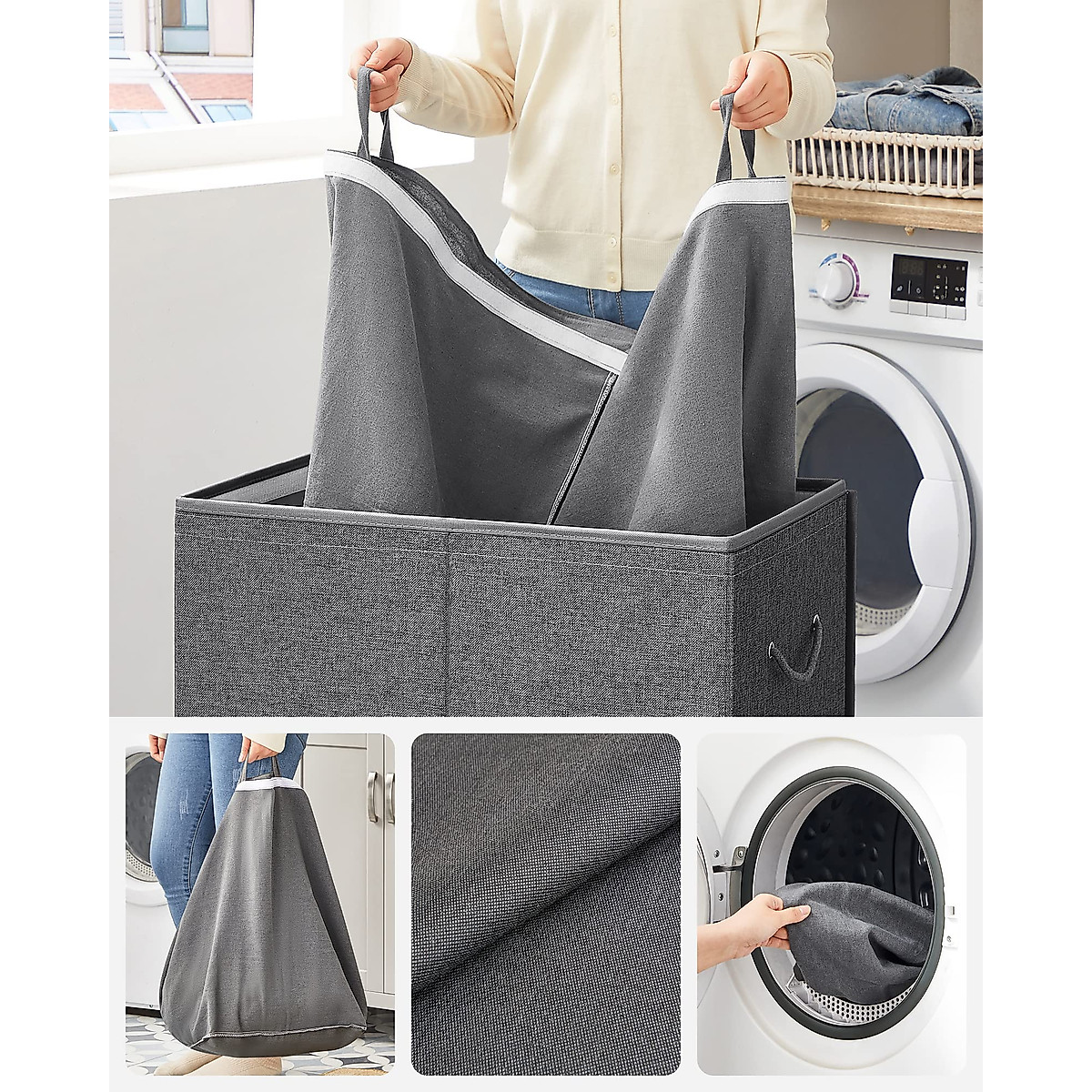 SONGMICS 37.5 Gal. Foldable Laundry Basket with 2 Compartments, Magnetic Lid and Handles, Removable Liner Bag, Dark Gray