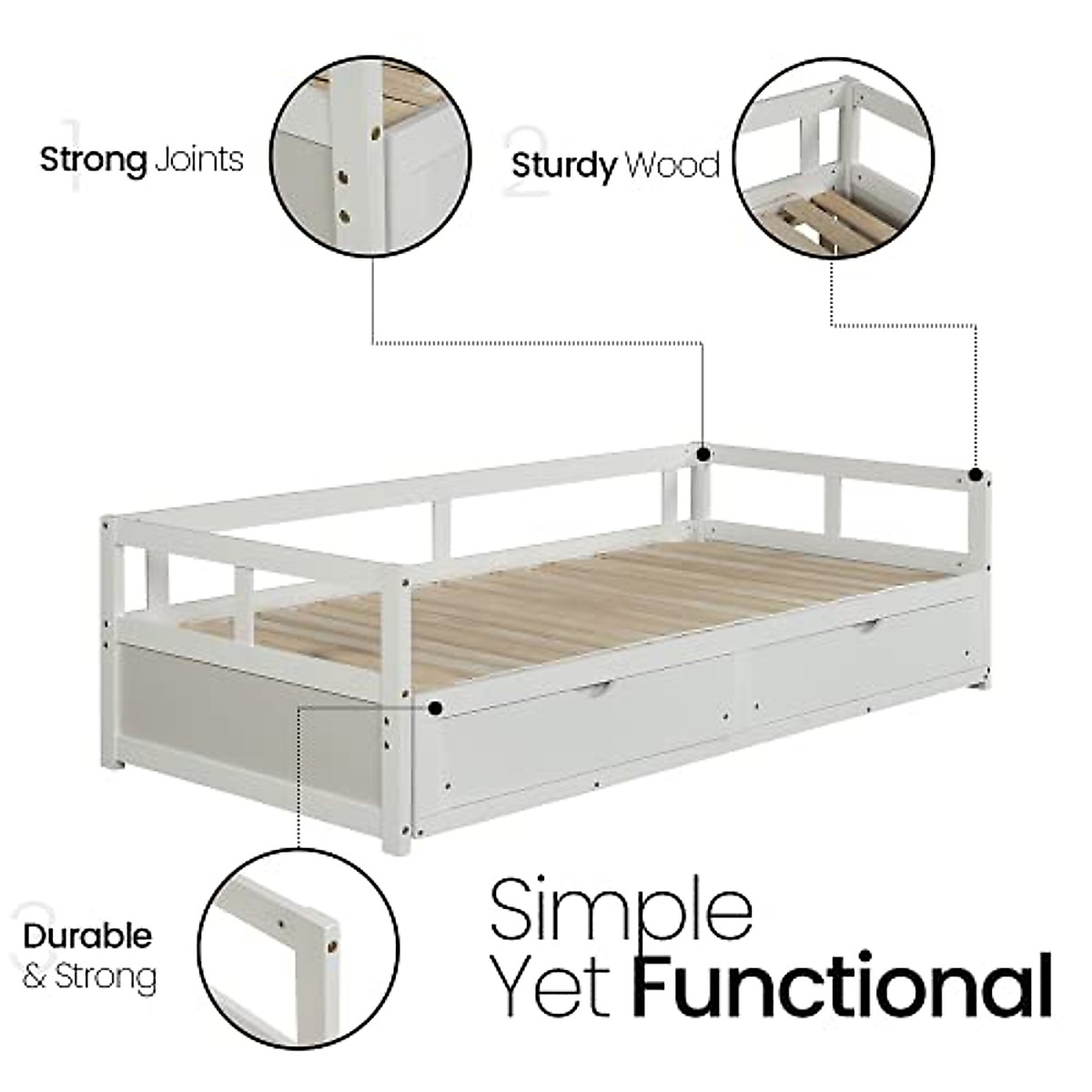 Hanway Twin Daybed with Two Drawers - White Solid Pine Wood Material - Extendable to King Size Bed Frame with Extra Storage Drawers – Elegant Furniture for Compact Rooms